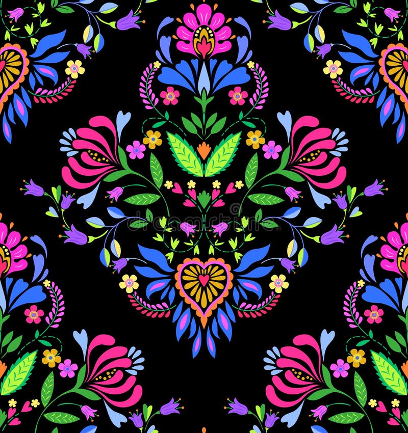 Seamless Polish Folk Art Pattern with Roosters - Wzory Lowickie ...