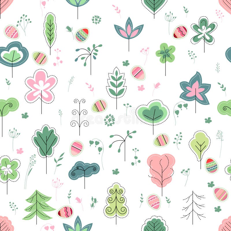 Seamless Pretty Pattern with Stylized Trees and Easter Eggs. Stock ...
