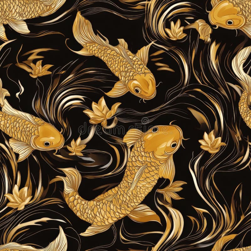 A Seamless Prosperity Pattern Featuring Golden Koi Fish and Flowing ...