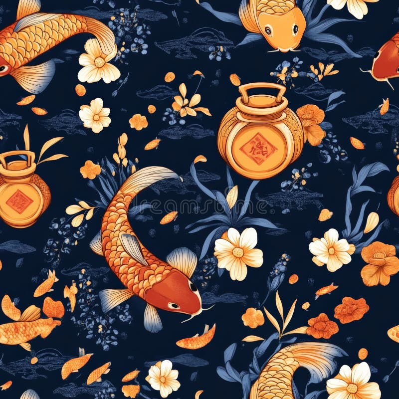 A Seamless Prosperity Pattern with Koi Fish, Gold Ingots, and Fortune ...