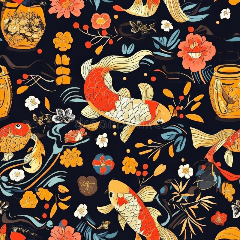 A Seamless Prosperity Pattern with Koi Fish, Gold Ingots, and Fortune ...