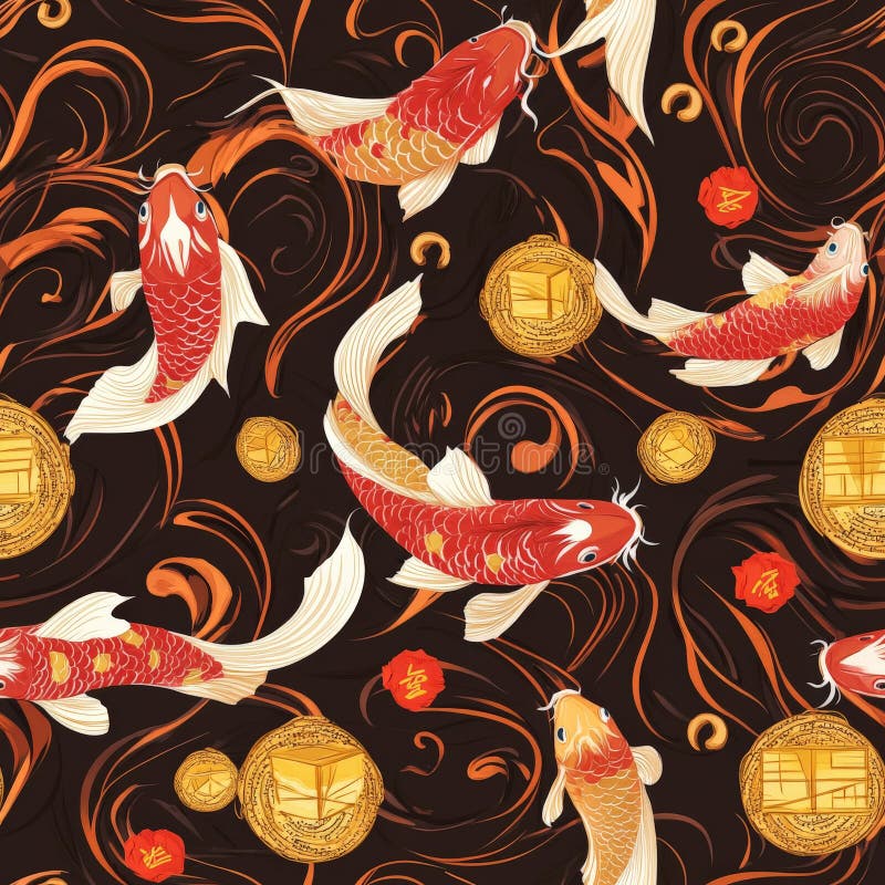 A Seamless Prosperity Pattern with Koi Fish, Gold Ingots, and Fortune ...