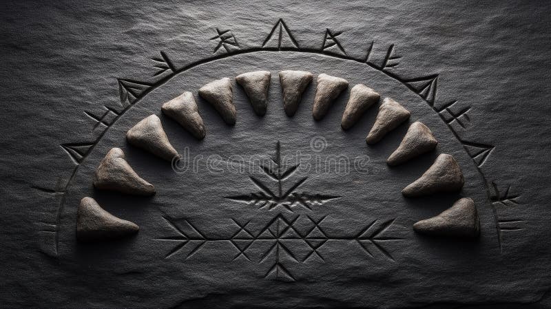 Seamless Radial Pattern of Stylized Vertebrae and Runes Carved in Dark ...