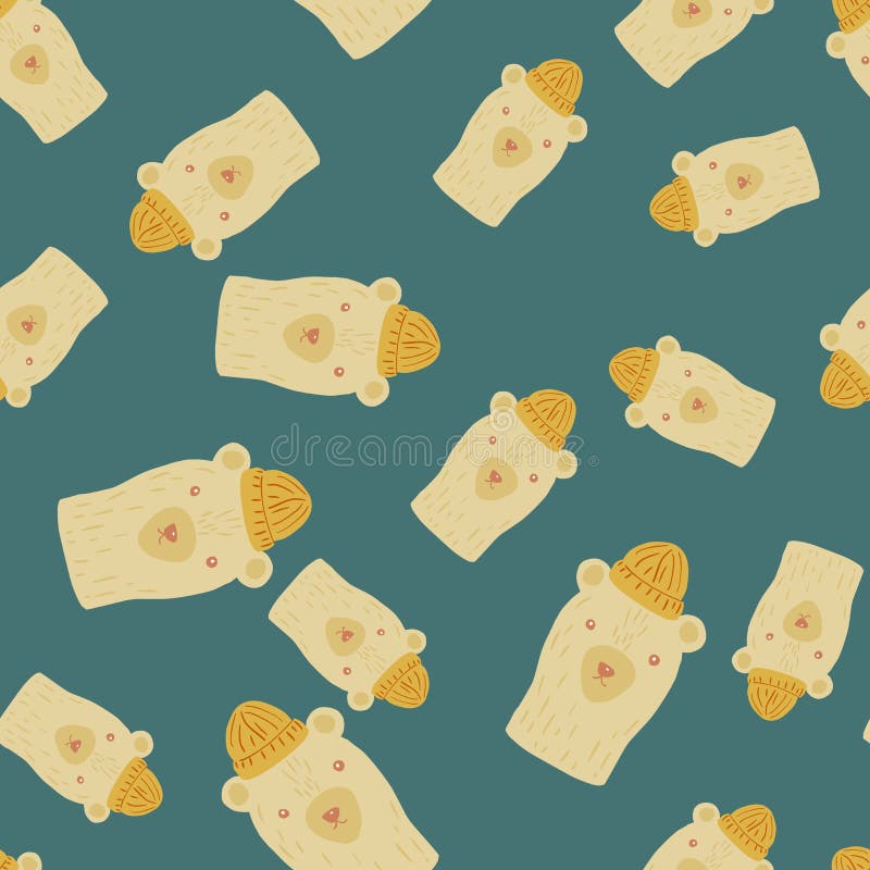 Seamless Random Pattern with Beige Head Bears Print in Hats. Hand Drawn ...