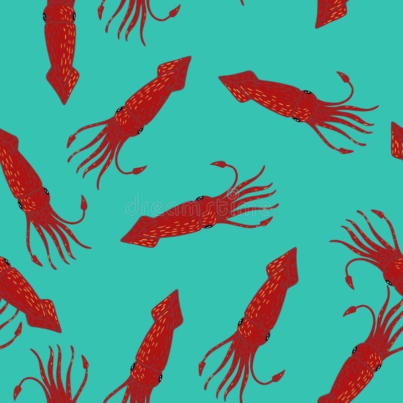 Seamless Random Pattern with Bright Red Squids Silhouettes. Blue Bright ...