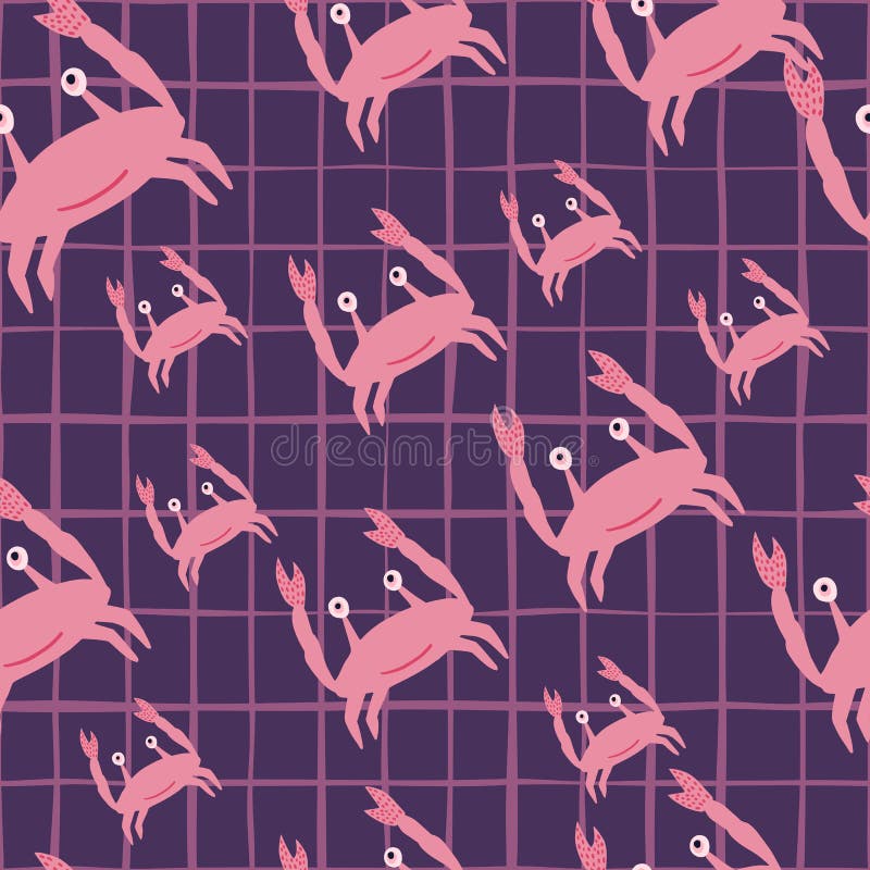 Seamless Random Pattern with Doodle Crab Pink Silhouettes. Purple ...
