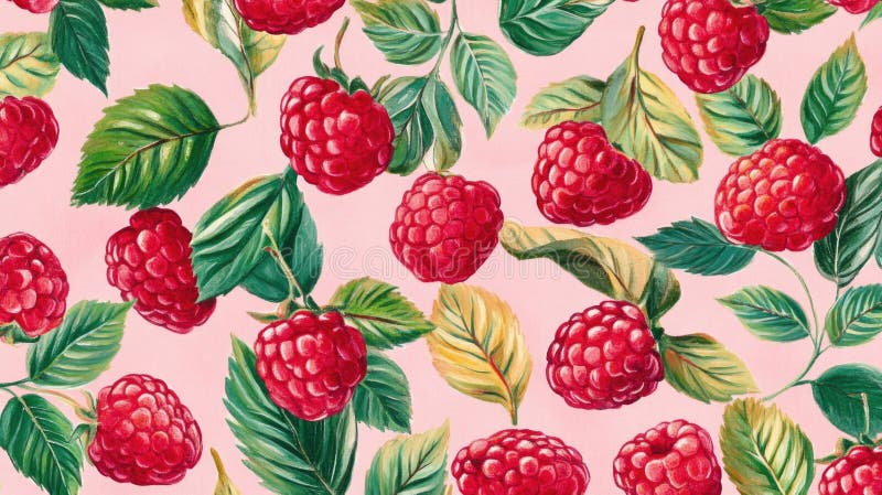 Vibrant Red Raspberry Detailed Botanical Illustration Bright Green ...