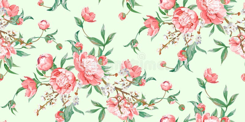 Seamless Realistic Pattern Drawn with Pink Peonies in a Classic ...