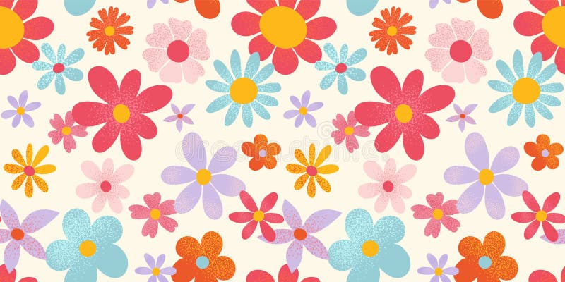 Seamless Rectangular Floral Pattern. Multicolored Flowers with Grainy ...