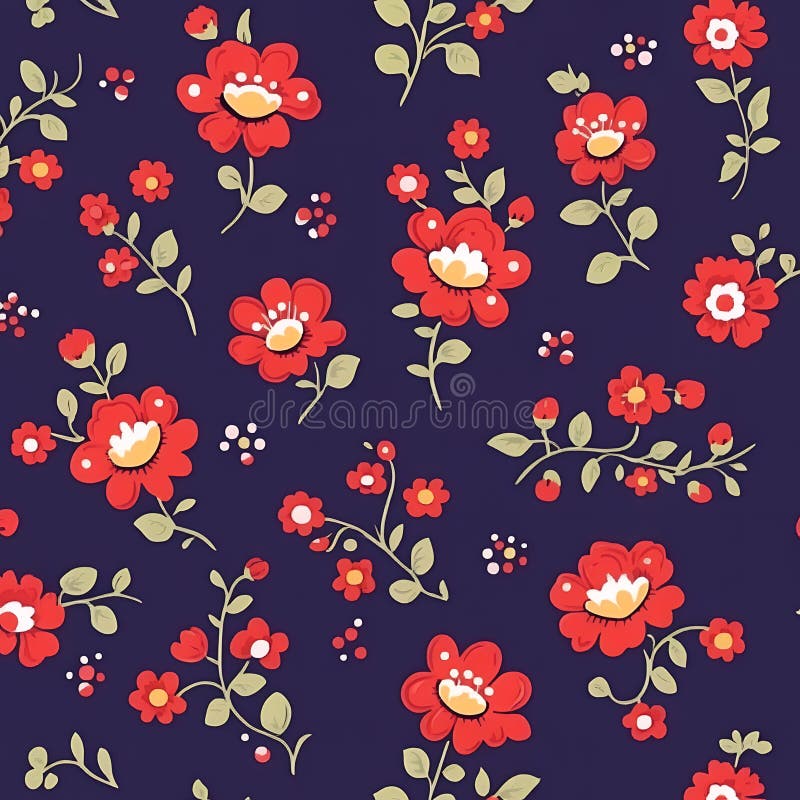 Seamless Red Floral Pattern Dark Blue Background Vintage Style Textile ...