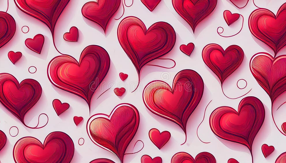 Romantic Outlined Red Hearts Design: Seamless Pattern with Off White ...