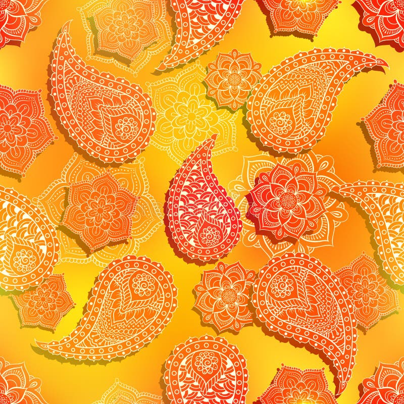 Seamless Red Orange Flower Paisley Pattern Stock Vector - Illustration ...