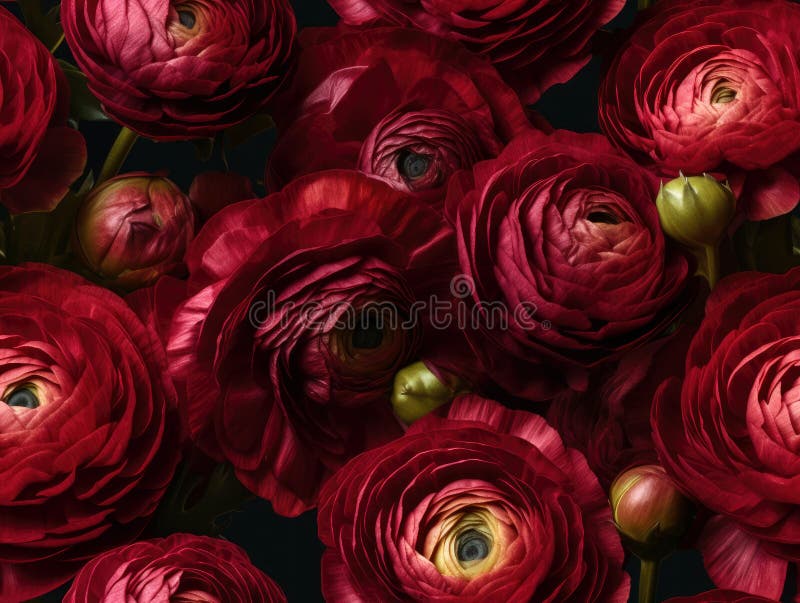 Seamless Red Ranunculus Rose Flowers Pattern. Generative Ai Stock ...
