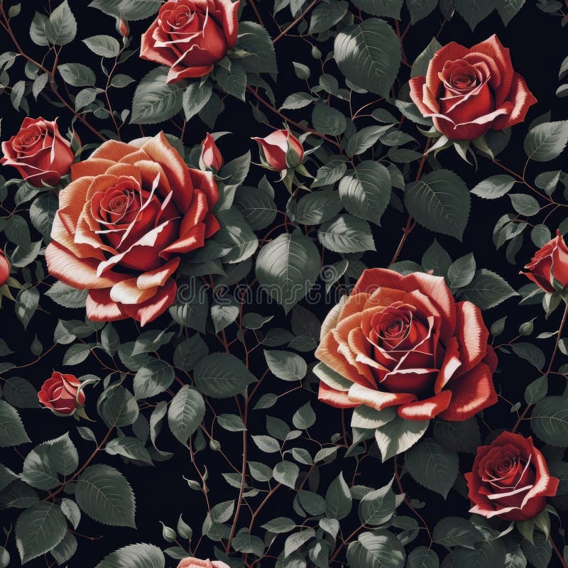 Seamless Red Roses Illustration Pattern. Vintage Wallpaper Design Stock ...