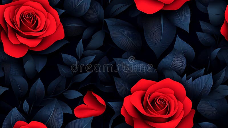 Seamless Red Roses Pattern on Dark Background Stock Illustration ...