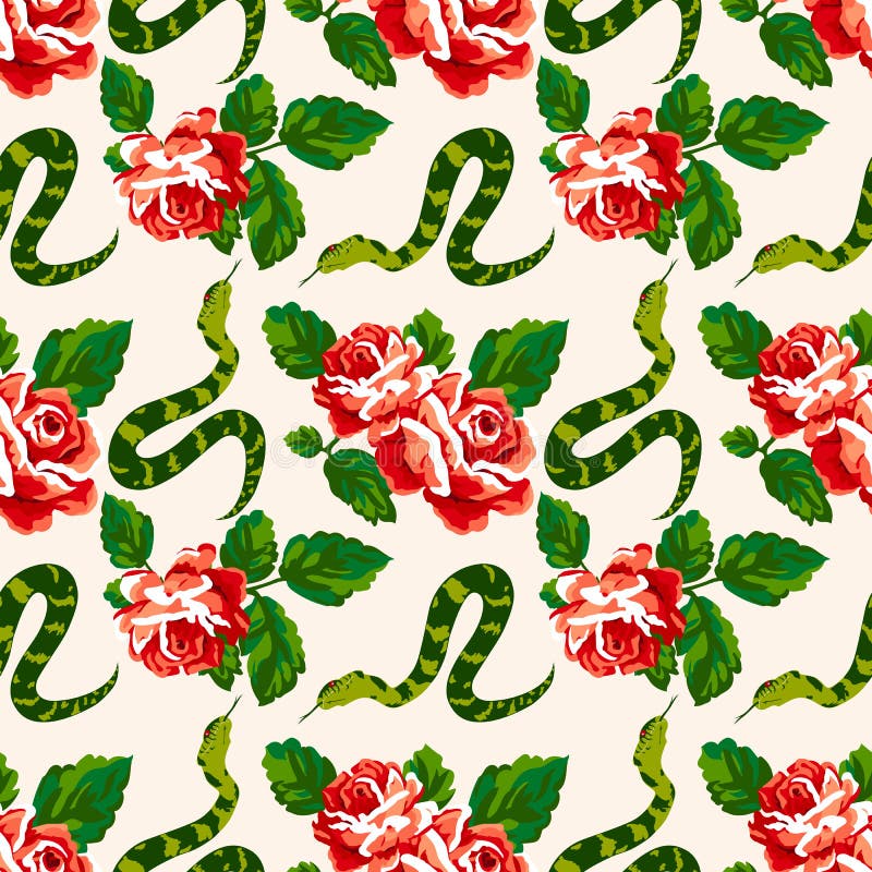 Seamless Red Roses and Snake Vector Pattern Stock Vector - Illustration ...