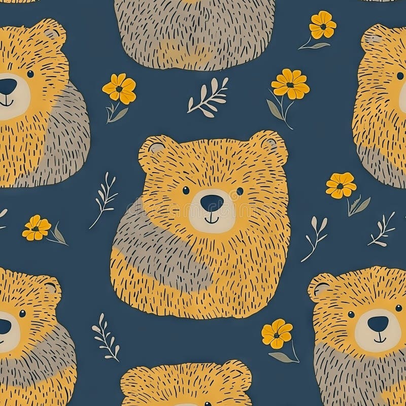 Seamless Repeat Illustration with a Cute Bear and Floral Pattern Stock ...