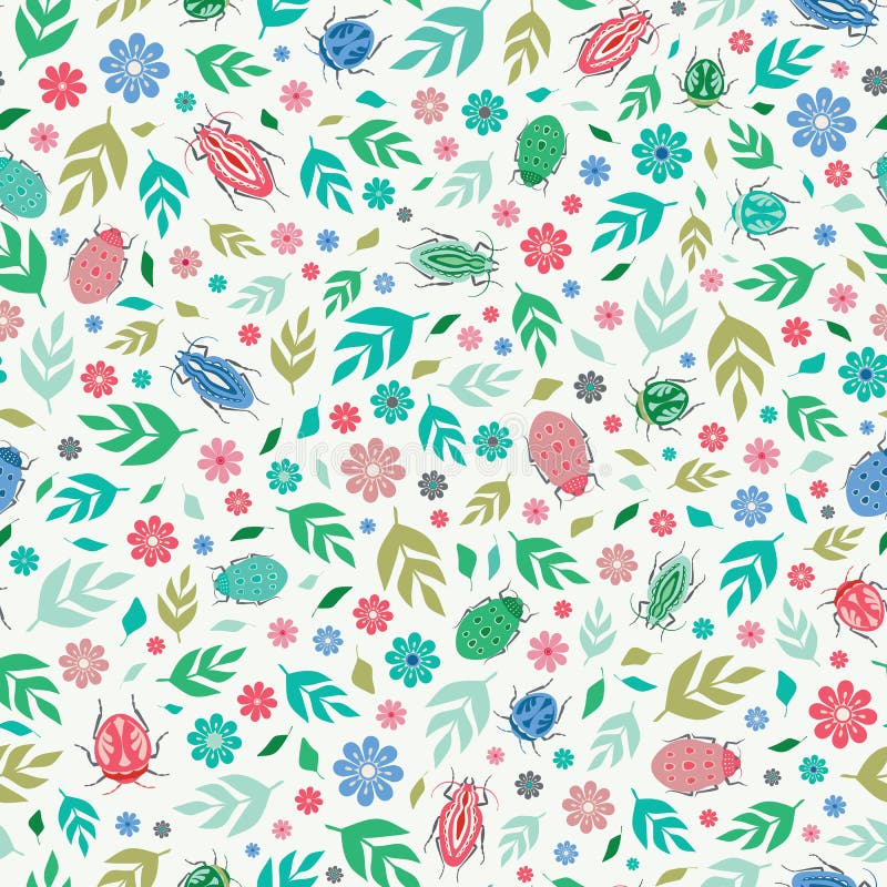 Seamless Repeat Pattern Background of Colourful Beetles, Leaves and ... Seamless Repeat Pattern Background of Colourful Beetles, Leaves and ...