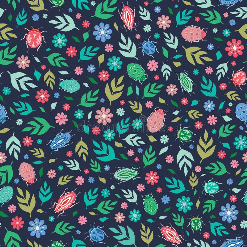Seamless Repeat Pattern of Colourful Beetles, Leaves and Flowers on a ... Seamless Repeat Pattern of Colourful Beetles, Leaves and Flowers on a ...