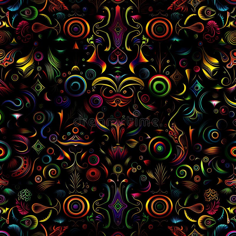 Seamless Repeat Pattern Design. Bright Colorful Shapes on Black ...