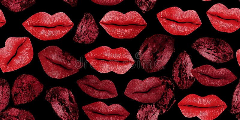 Seamless Repeat Pattern Featuring Various Shades of Red Lips on a Dark ...