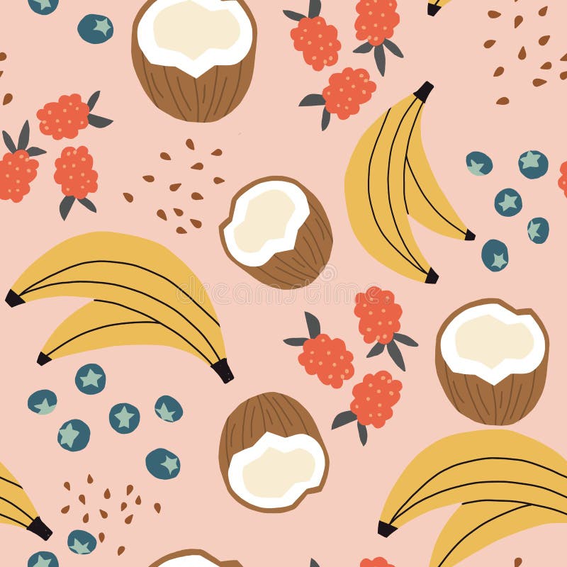 Seamless Repeat Tropical Fruit Pattern with Coconuts, Raspberries ...