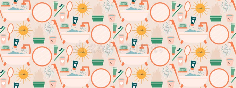 Seamless Repeating Bathroom Pattern with Shower and Personal Care Items ...