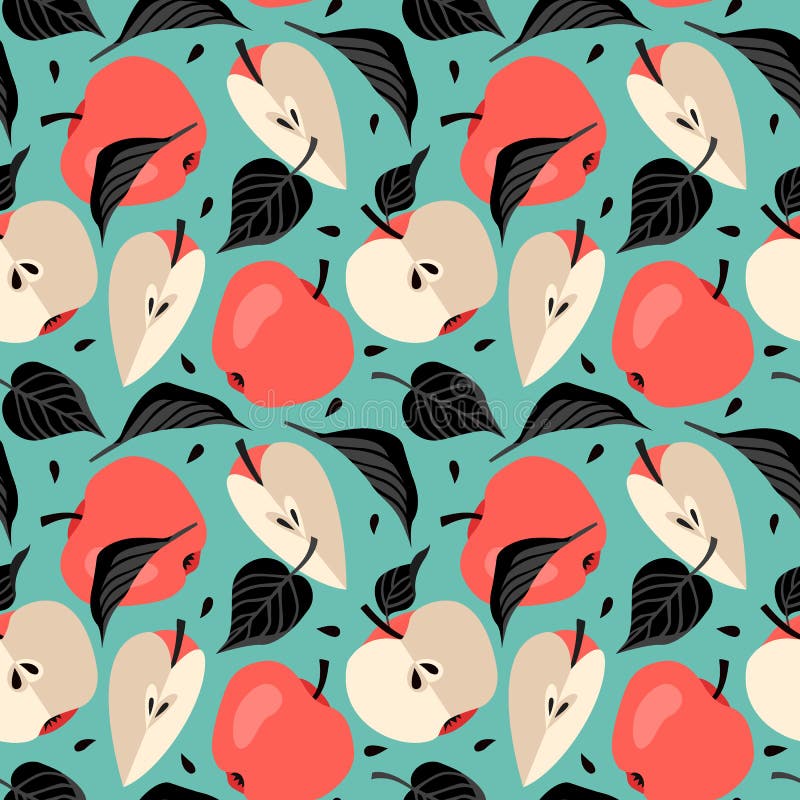 Seamless Repeating Pattern with Apples in Black and Red on Green ...