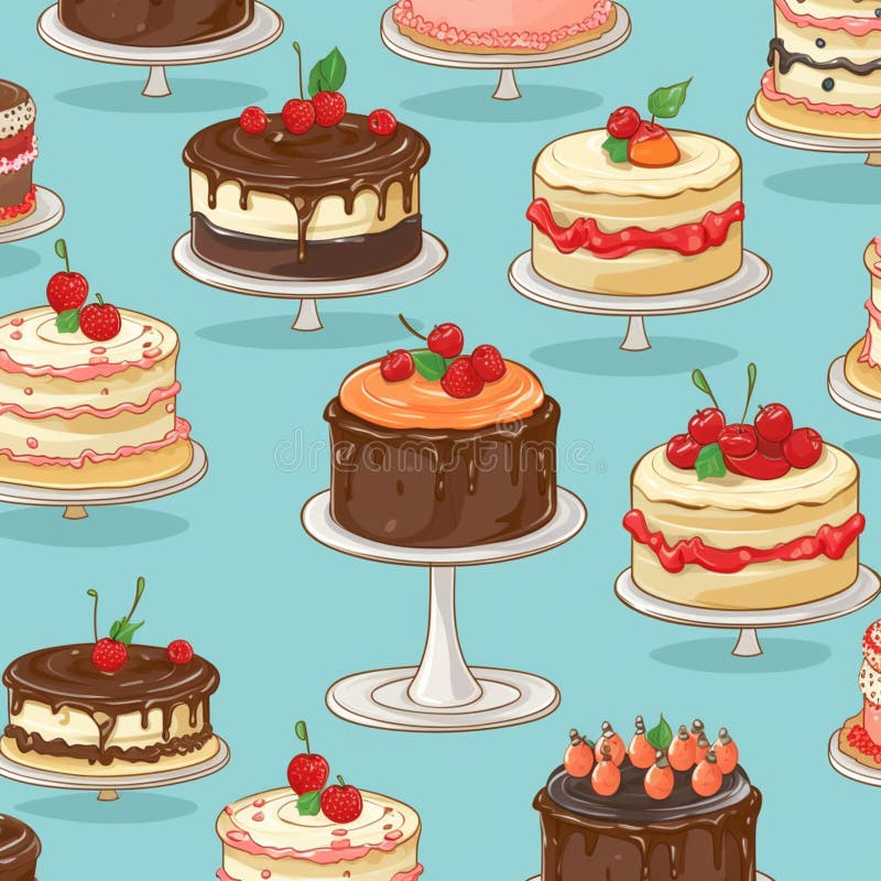 Illustrated Cakes and Dessert Tile Stock Illustration - Illustration of ...