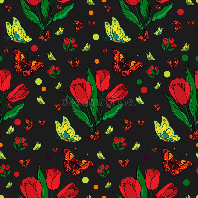 Seamless Repeating Pattern with Colorful Butterflies and Tulips. Stock ...