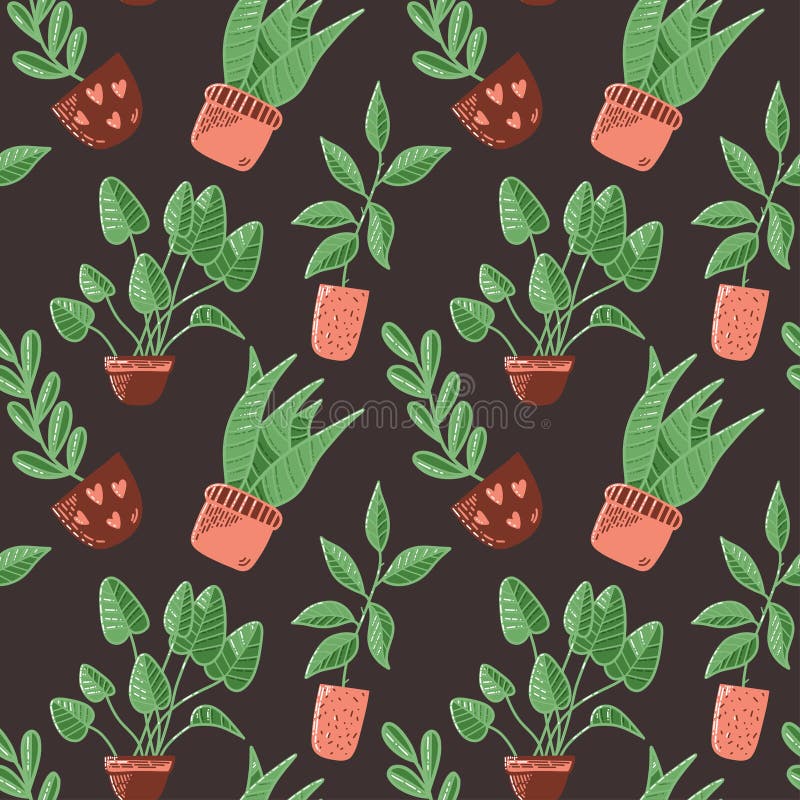 Seamless Pattern of Potted Plants in Artistic Hand-Drawn Style. Stock ...