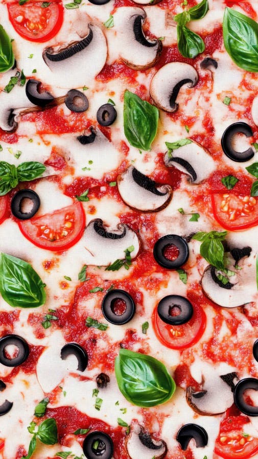 Seamless Repeating Pattern Featuring Vibrant Pizza Toppings Like Basil ...