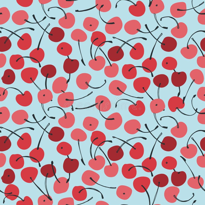 Seamless Repeating Pattern with Hand Drawn Cherries on Light-blue ...