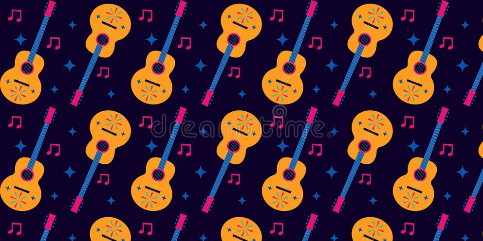 Seamless Repeating Pattern of Mexican Guitars on Dark Background. Stock ...