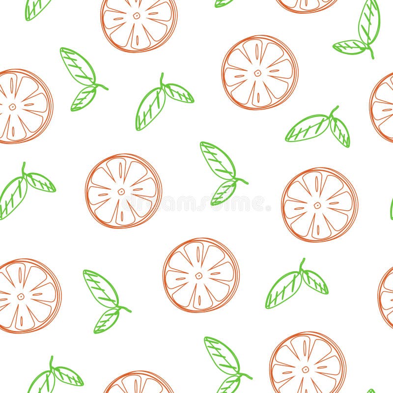 Seamless Repeating Pattern with Orange Slices and Leaves. Outline on a White Background in ...