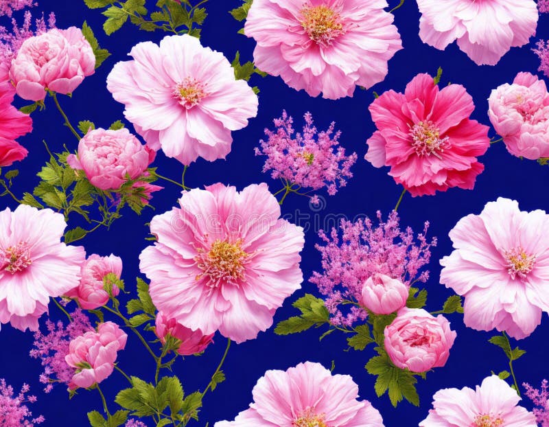 Seamless Repeating Pattern of Spring, Pink Flowers on Blue Background ...