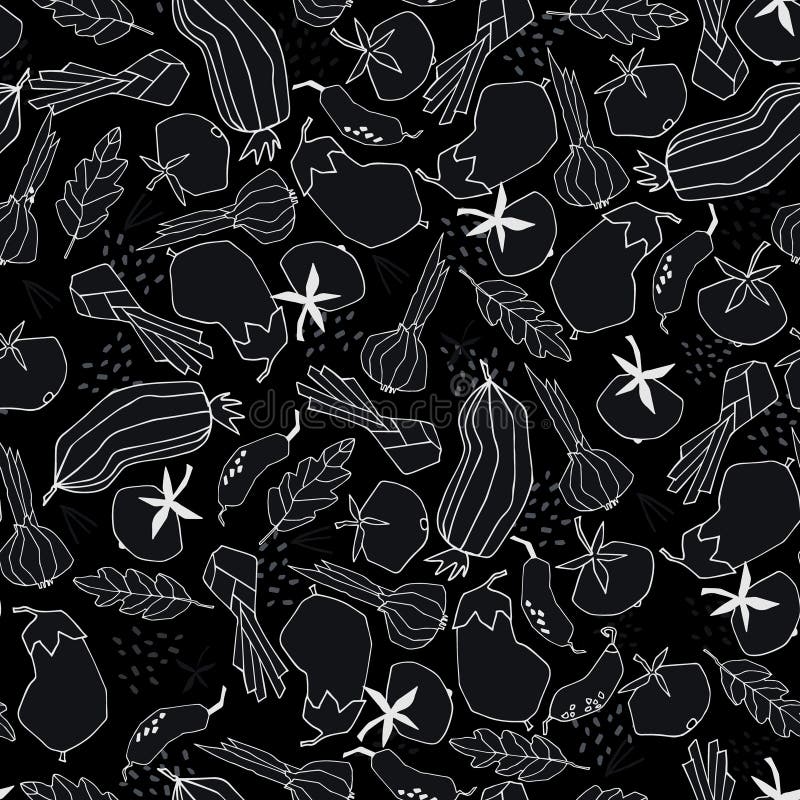 Seamless Repeating Pattern with Vegetables. Black-and-white Trendy Illustrations on Black ...