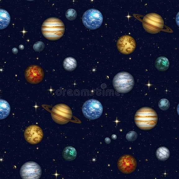 A Seamless, Repeating Space-themed Pattern Featuring Various Stylized Planets Stock Illustration ...