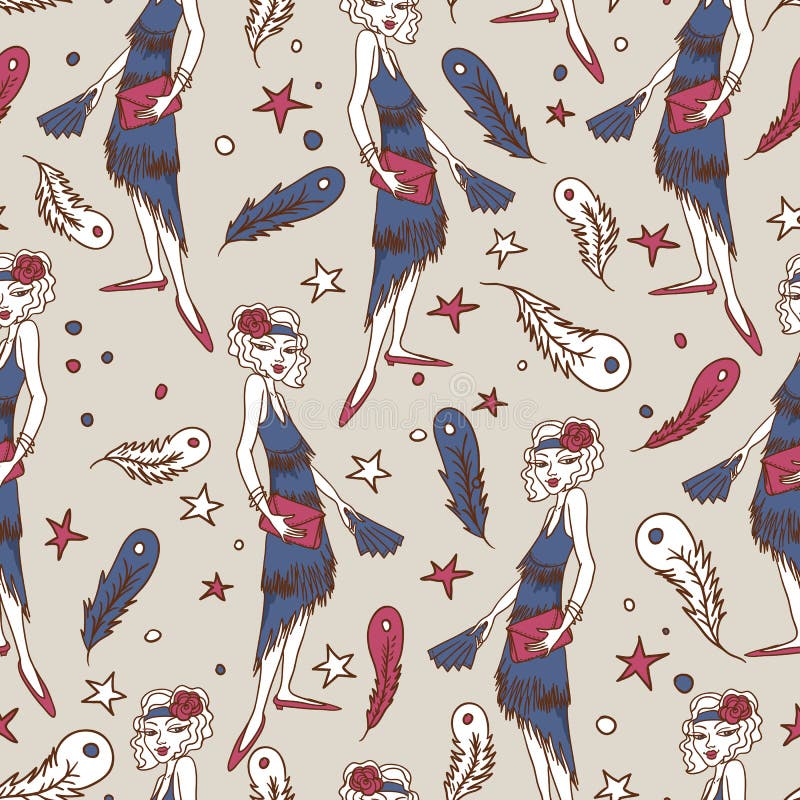 Seamless Retro Background with Flapper Girl Stock Vector - Illustration ...