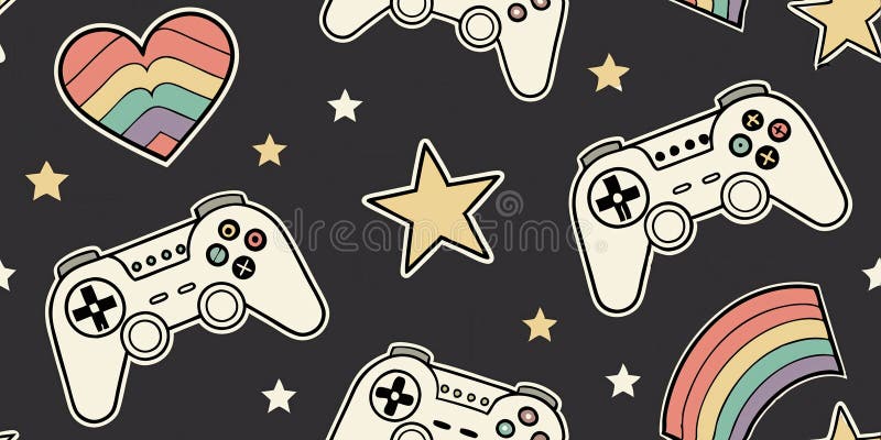 Seamless Retro Gaming Pattern with Controllers, Stars, and Rainbows ...