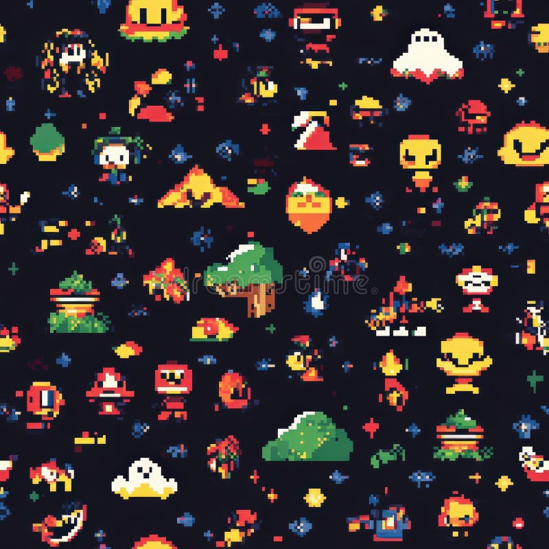 Retro Pixel Art Pattern with Vibrant Characters Stock Illustration ...