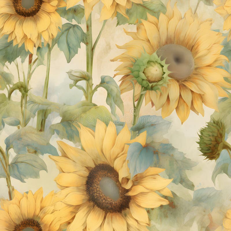 Seamless Retro Sunflower Pattern, Ai Generative Illustration Stock ...