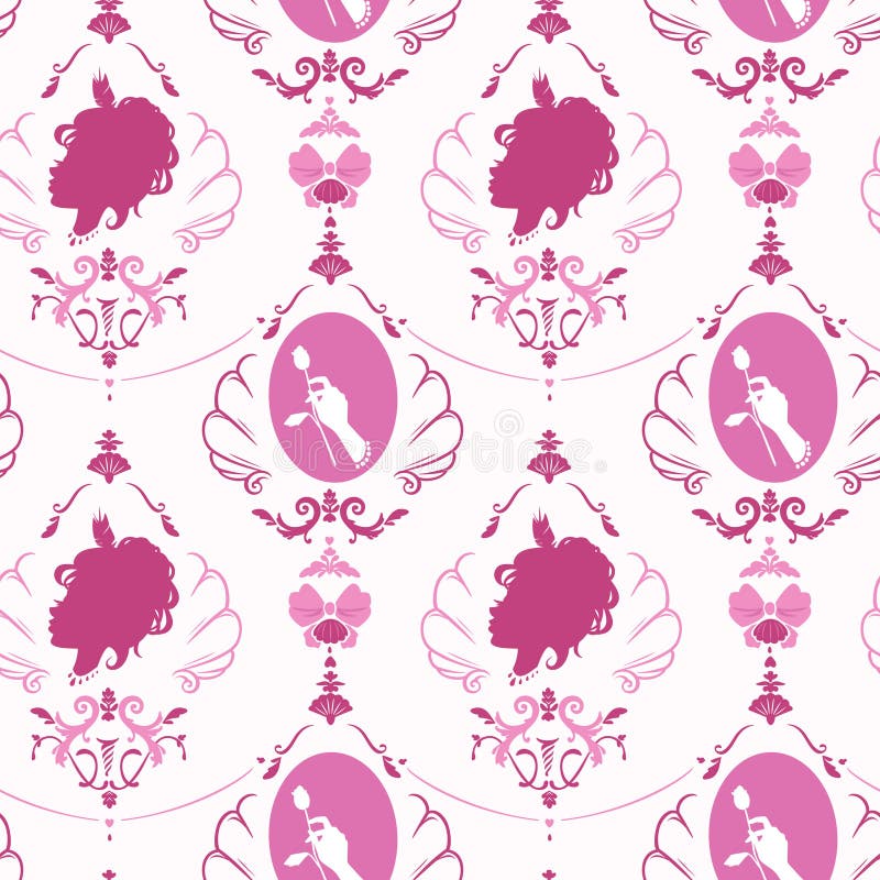 Seamless Rococo Style Girly Pink Pattern with Monograms and Hear Stock ...
