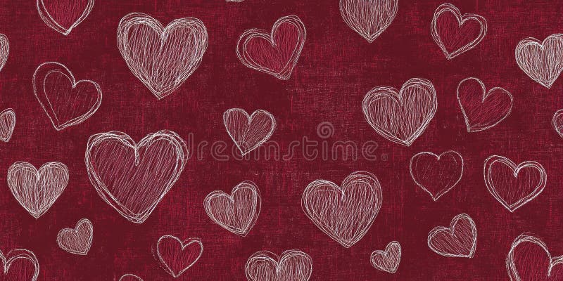 Seamless Romantic Heart Pattern on Deep Maroon with Hand-drawn Textures ...