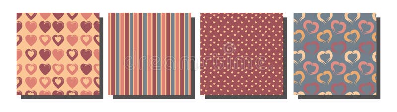 Seamless Romantic Pattern Set with Hearts and Stripes in Hand-drawn ...