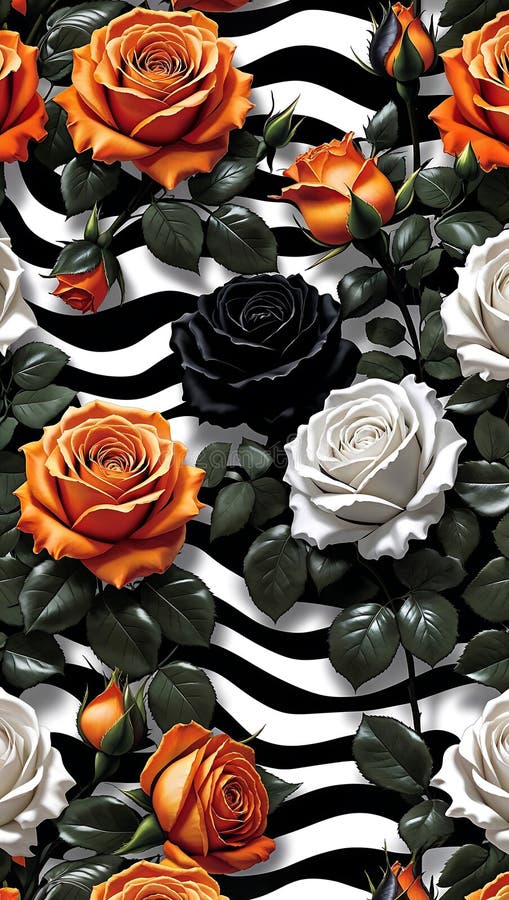 Seamless Rose Pattern on Bold Black and White Wavy Background with ...