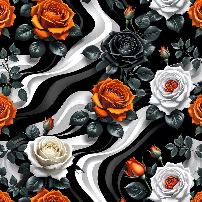 Seamless Rose Pattern on Bold Black and White Wavy Background with ...