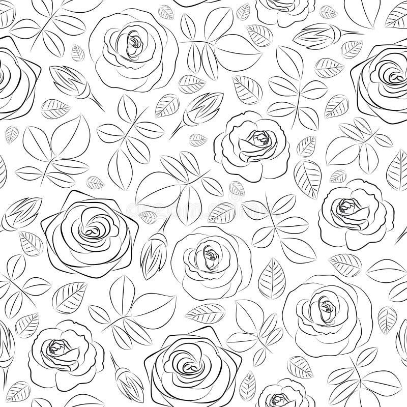 Seamless Rose Pattern with Outline Rose Shaped Flowers and Leaves Stock ...