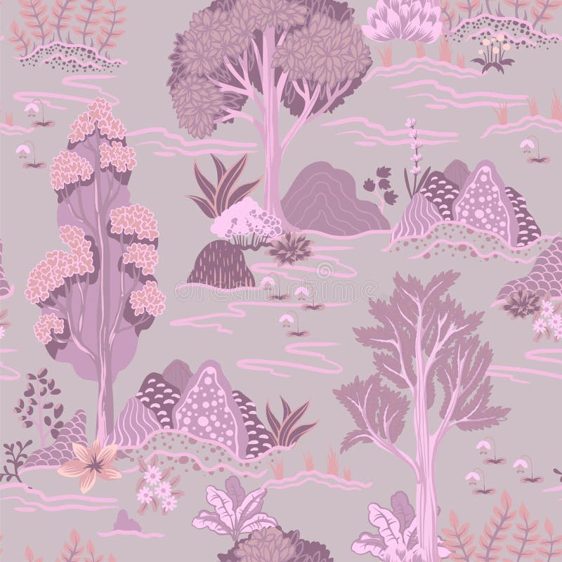 Seamless Rustic Pattern with Trees, Animals and Plants. Vector. Stock Vector - Illustration of ...