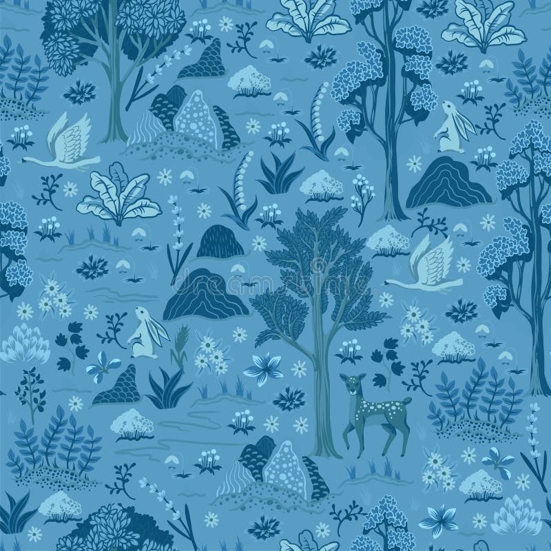 Seamless Rustic Pattern with Trees, Animals and Plants. Vector. Stock Vector - Illustration of ...